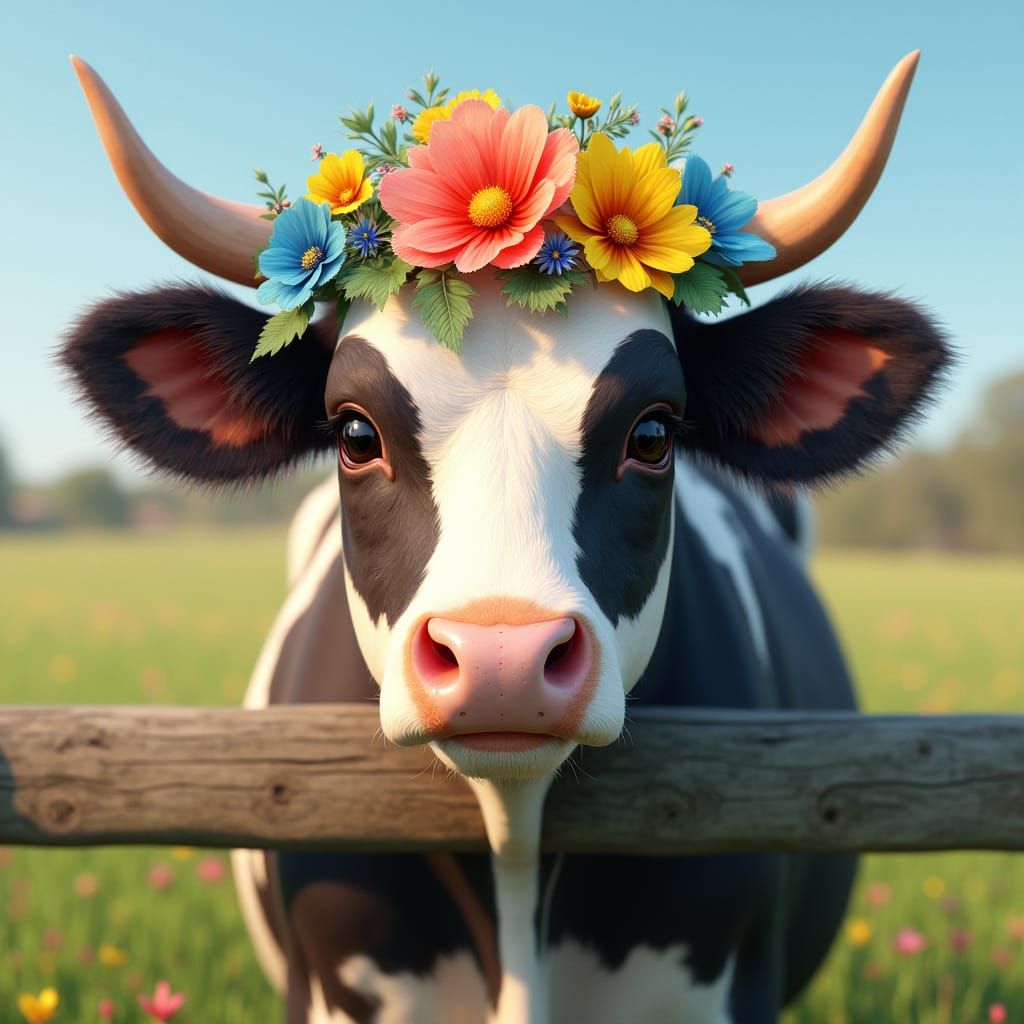 A Serene Friesian Cow in Whimsical Floral Headdres... - AI Art