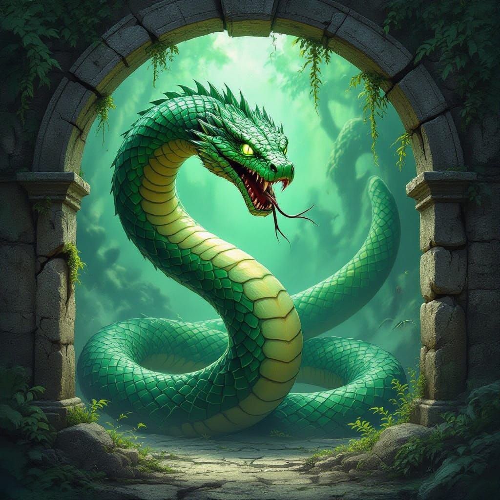 Ancient Serpent Coils Above Weathered Stone Archwa... - AI Art