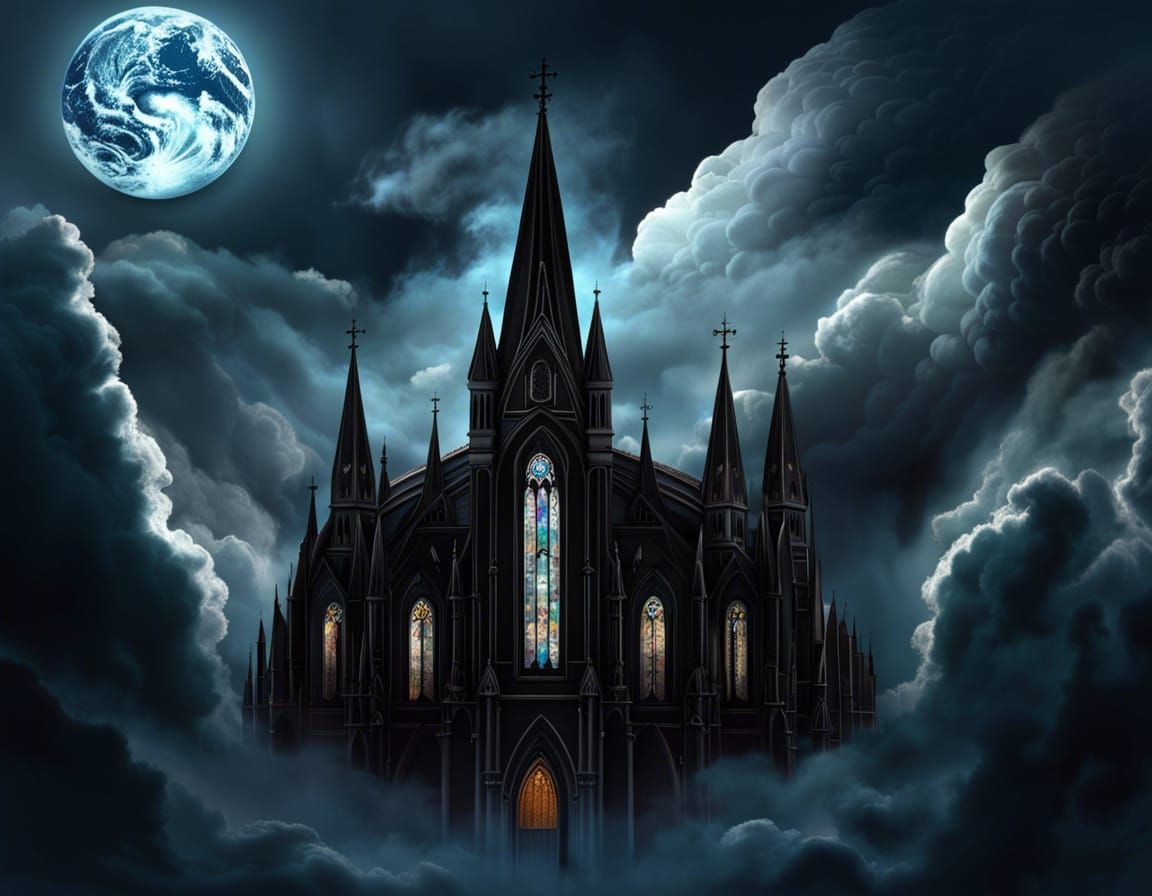 Church on a cloud, Floating gothic cathedral in the clouds, dark ...