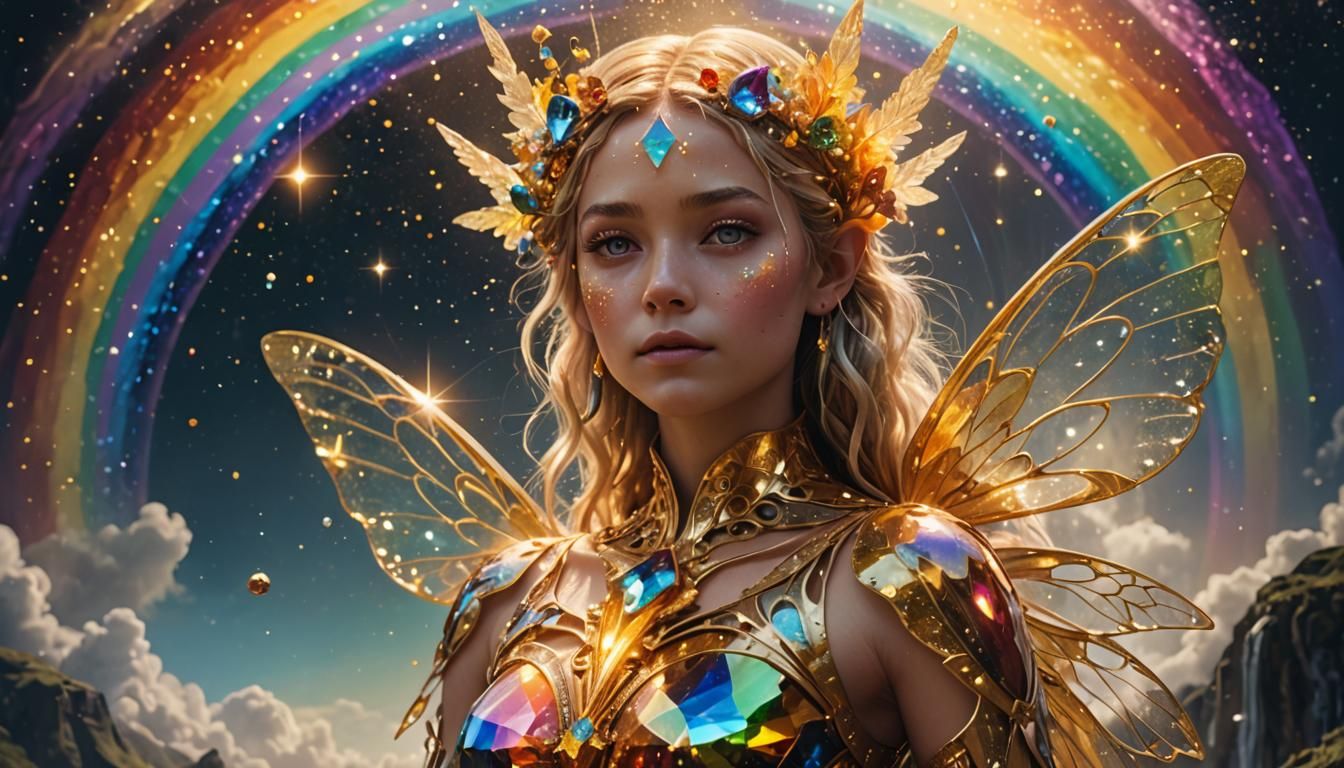 a golden cosmic crystal fairy surrounded by a rainbow - AI Generated ...