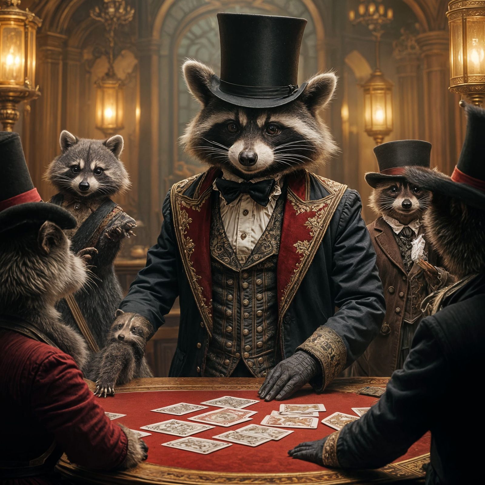 Raccoons in Victorian Finery: A Card Shop Scene - AI Art