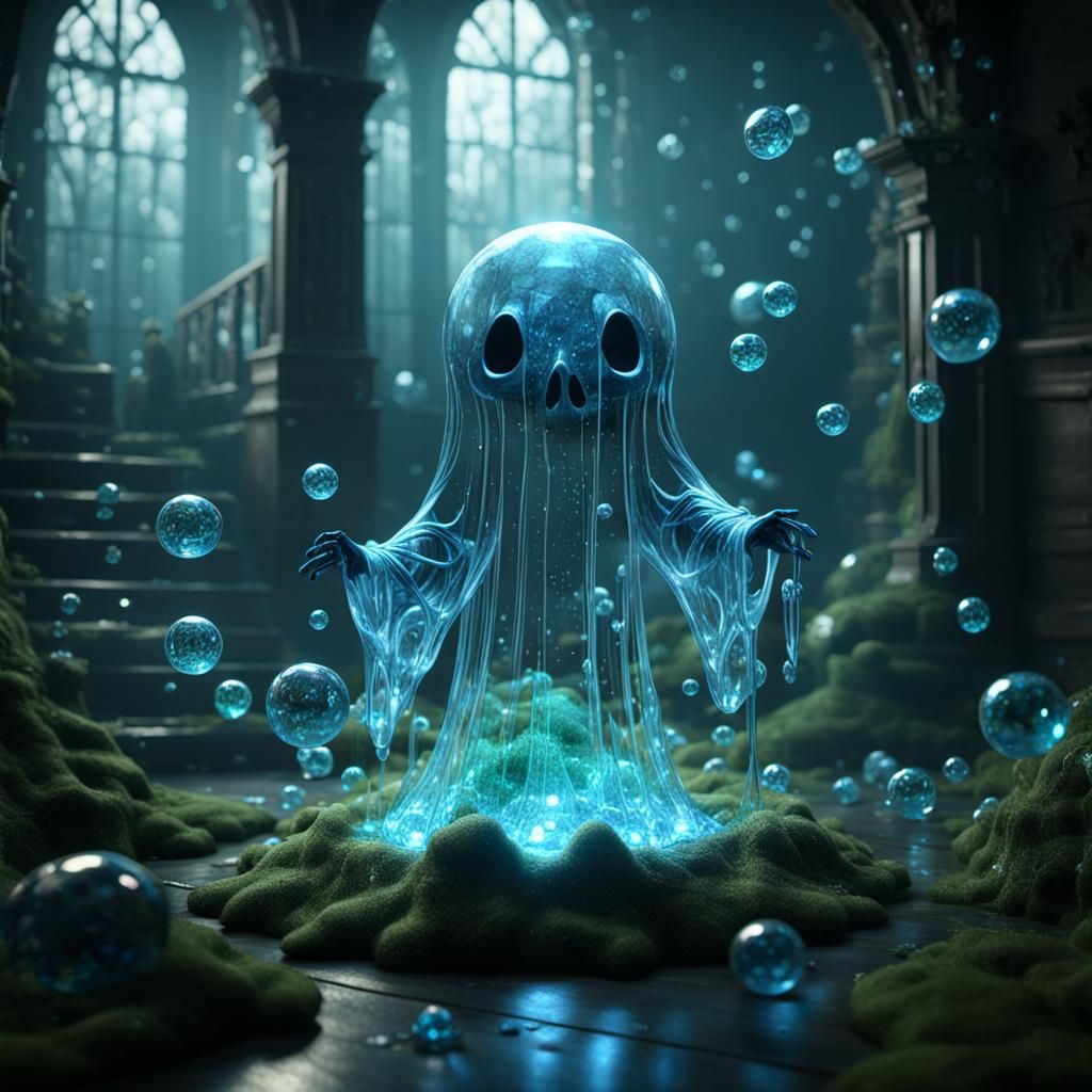 blue reflective crystal ghost flying through saran rap that has alka ...