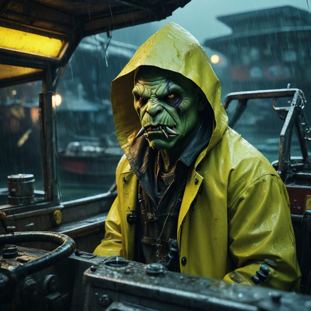 let`s go fishing - Orc in Neon Raincoat Drives Fishing Boat ...