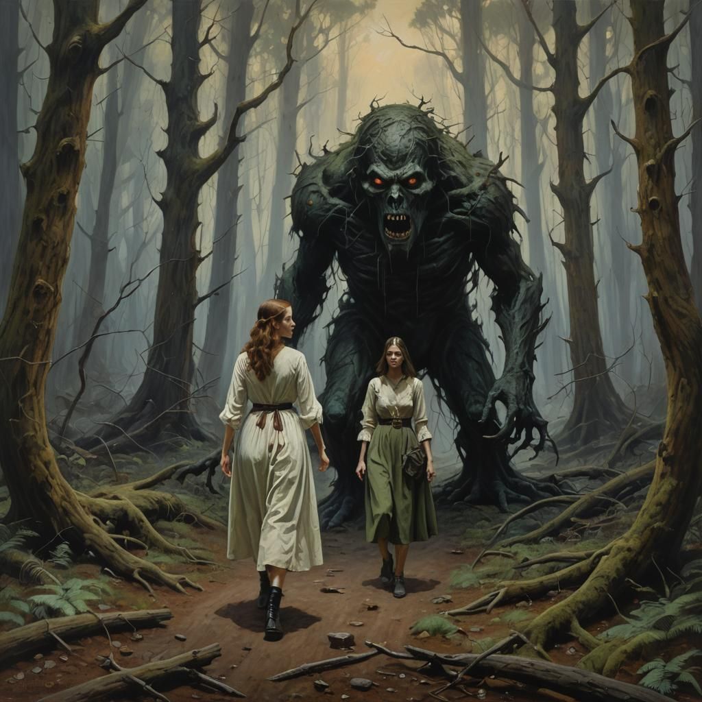 Fantasy horror, a young woman crossing the haunted forest, a large ...