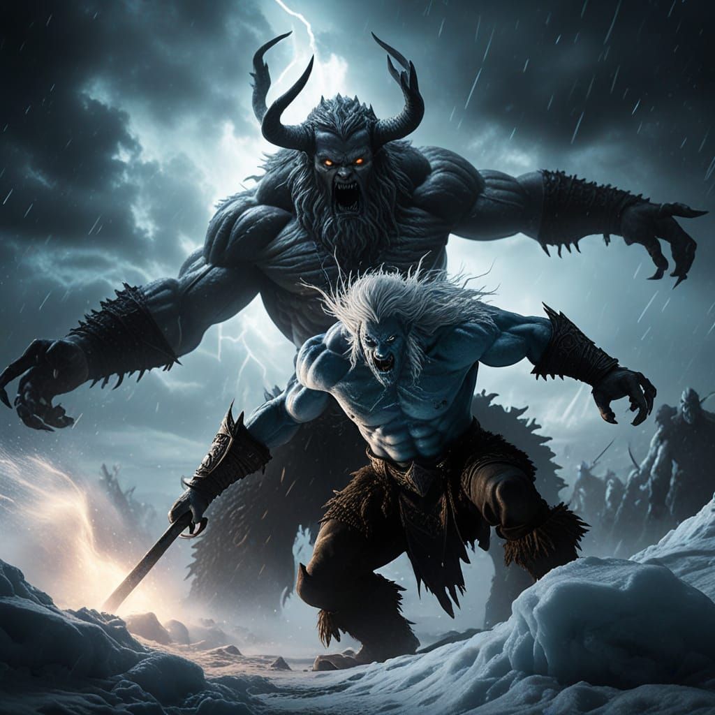 Epic Frost Giants Battle Winter Storm in Dark Fant... - AI Art