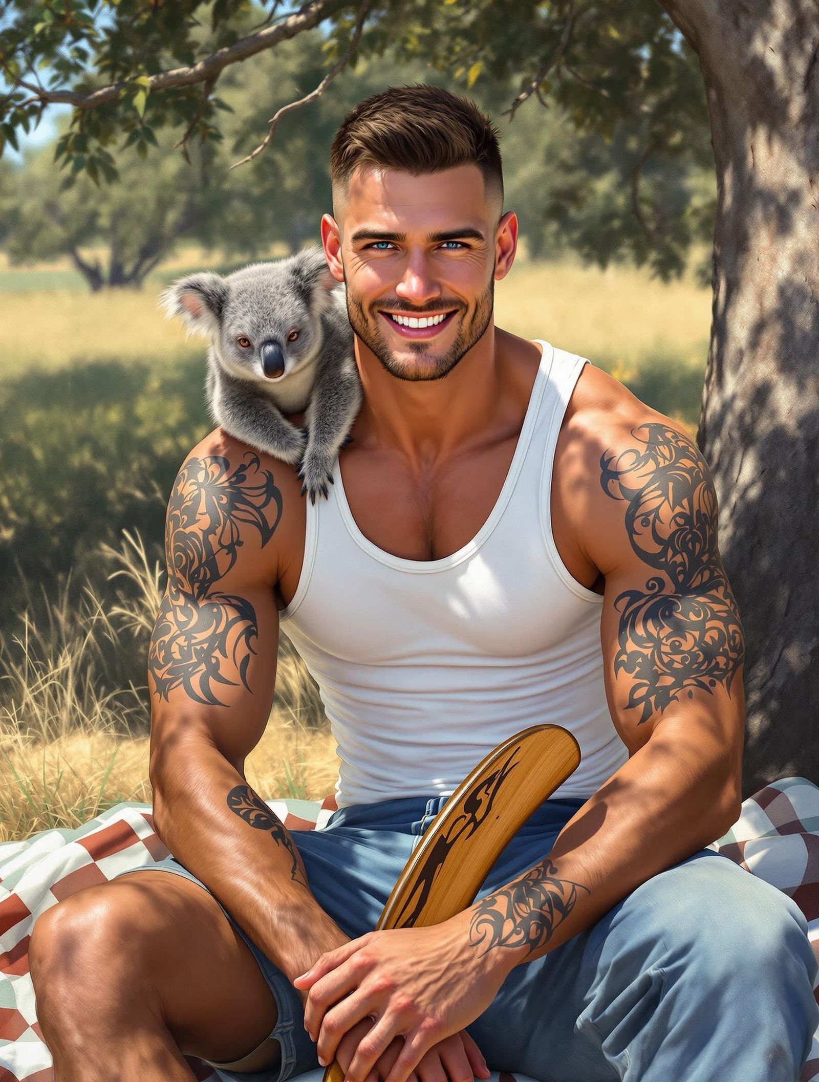 Aussie Summer - Athletic Aussie Man Under Wattle Tree