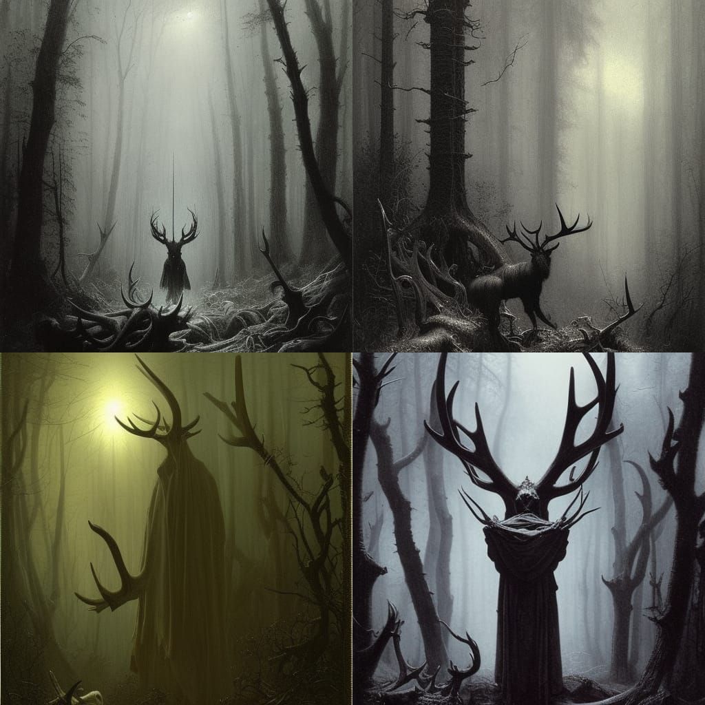 scary, hooded, Norse creature with large elk antlers, standing and ...