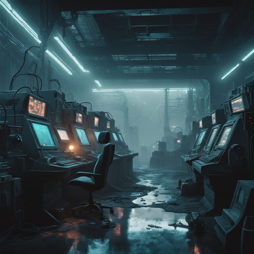 a dystopian computer terminal scene, blending old and high-tech ...