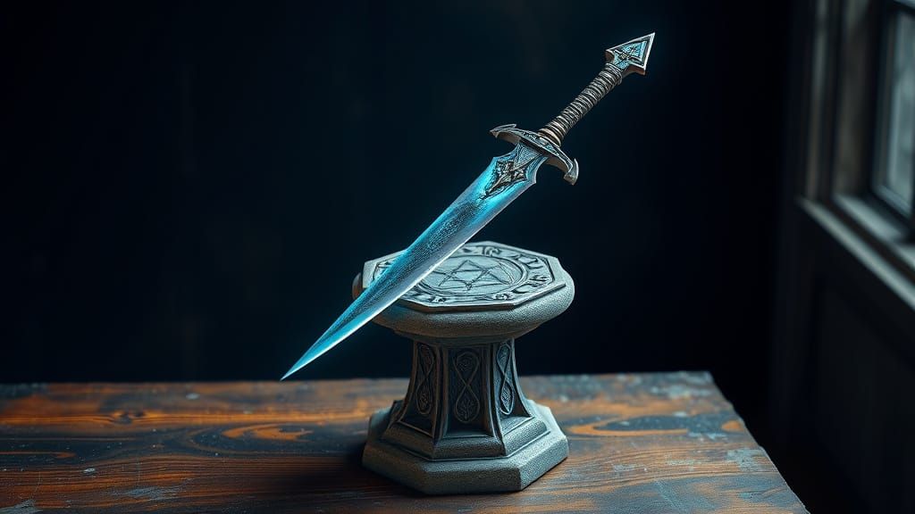 Mystical Dagger 'Sea Kiss' on Ornate Pedestal - AI Art