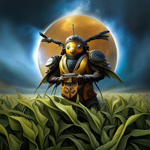 Bumble bee scarecrow in a field of corn, with gears for eyes highly ...