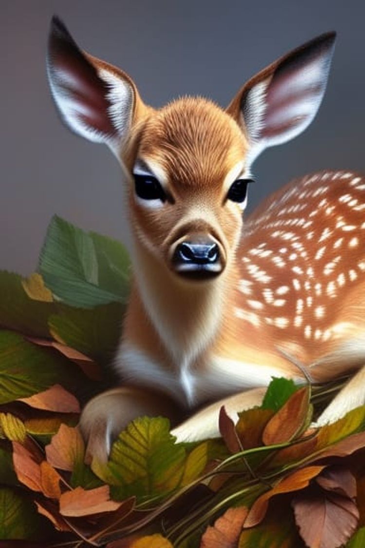 Cute baby fawn, laying down on a bed of leaves head and shoulders ...