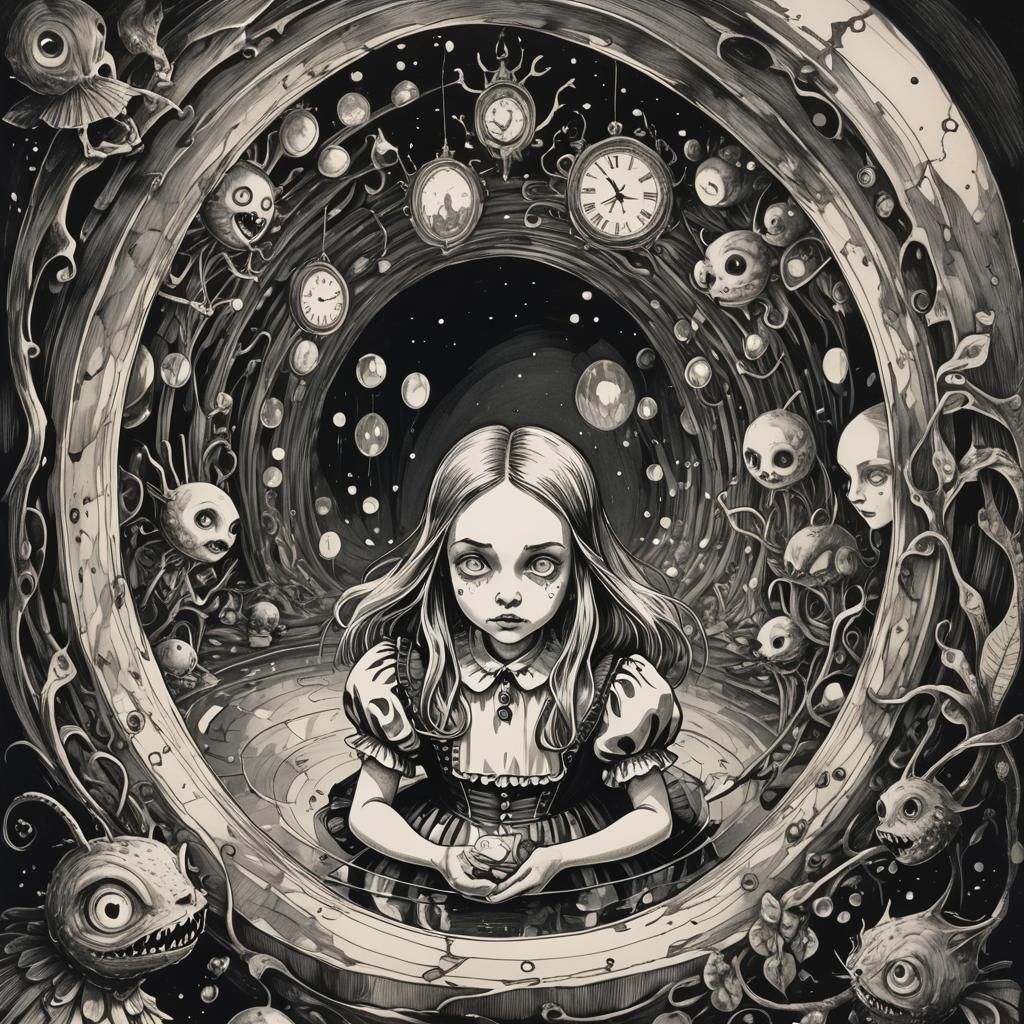 black and white ink and pen sketch John Tenniel style Alice in ...