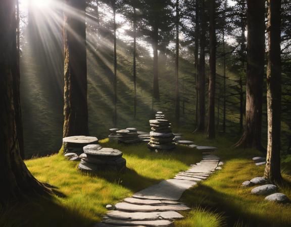 cairn stack alongside the wooden path, highlighted by a ray of sunlight ...