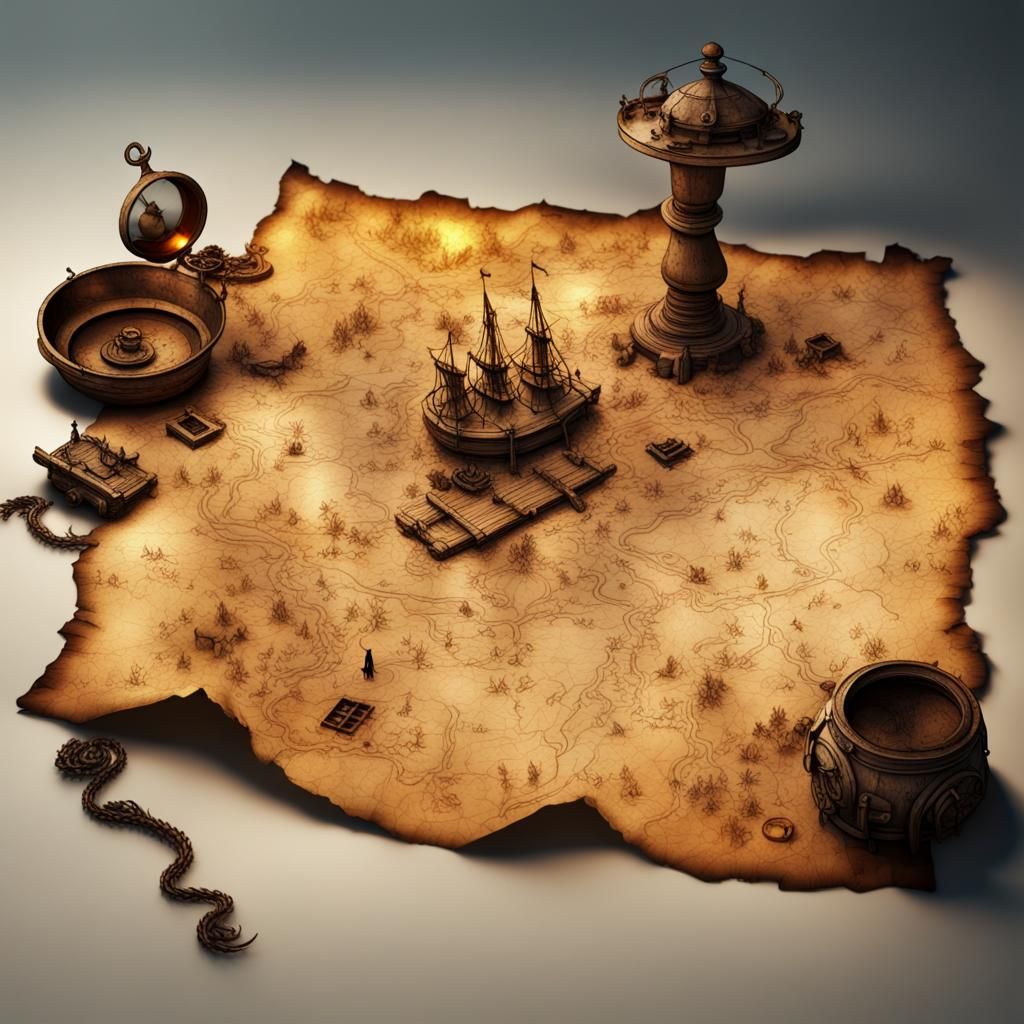 Old, burned up, treasure map 8k resolution, photo illustration ...