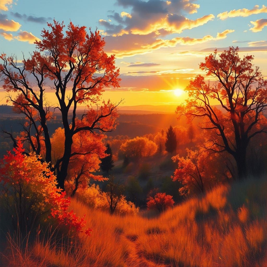 Surreal Autumn Sunset in Watercolor Style - AI Art
