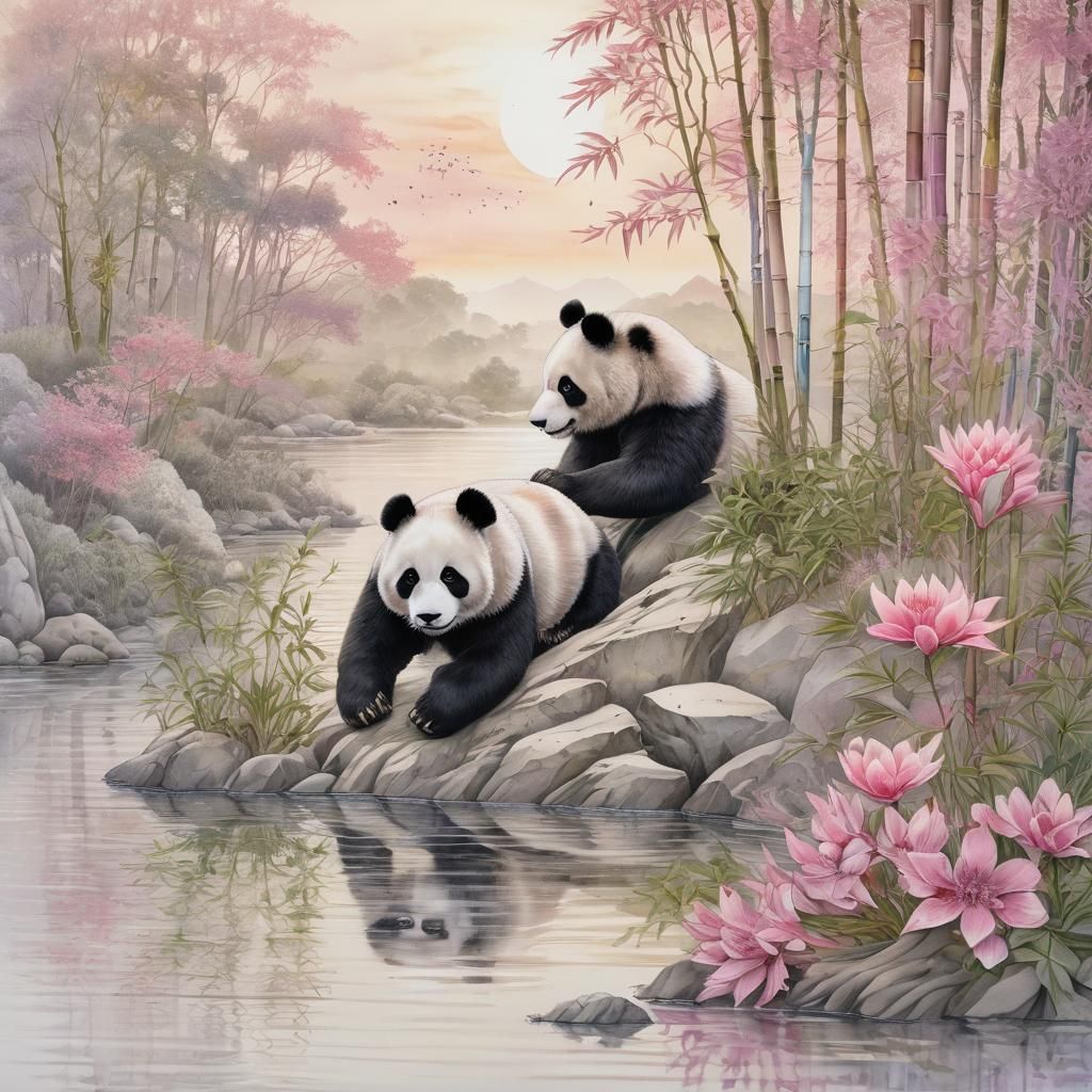 Japanese Landscape with Pandas - Japanese Landscape with Pan...