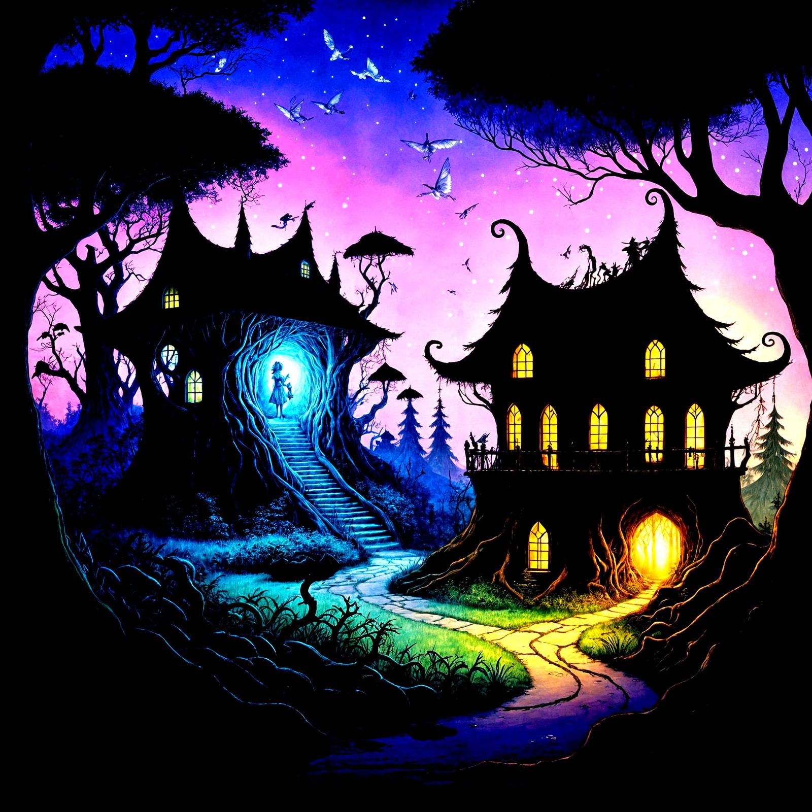 Fantasy fairy house, enchanted forest, by arthur rackham