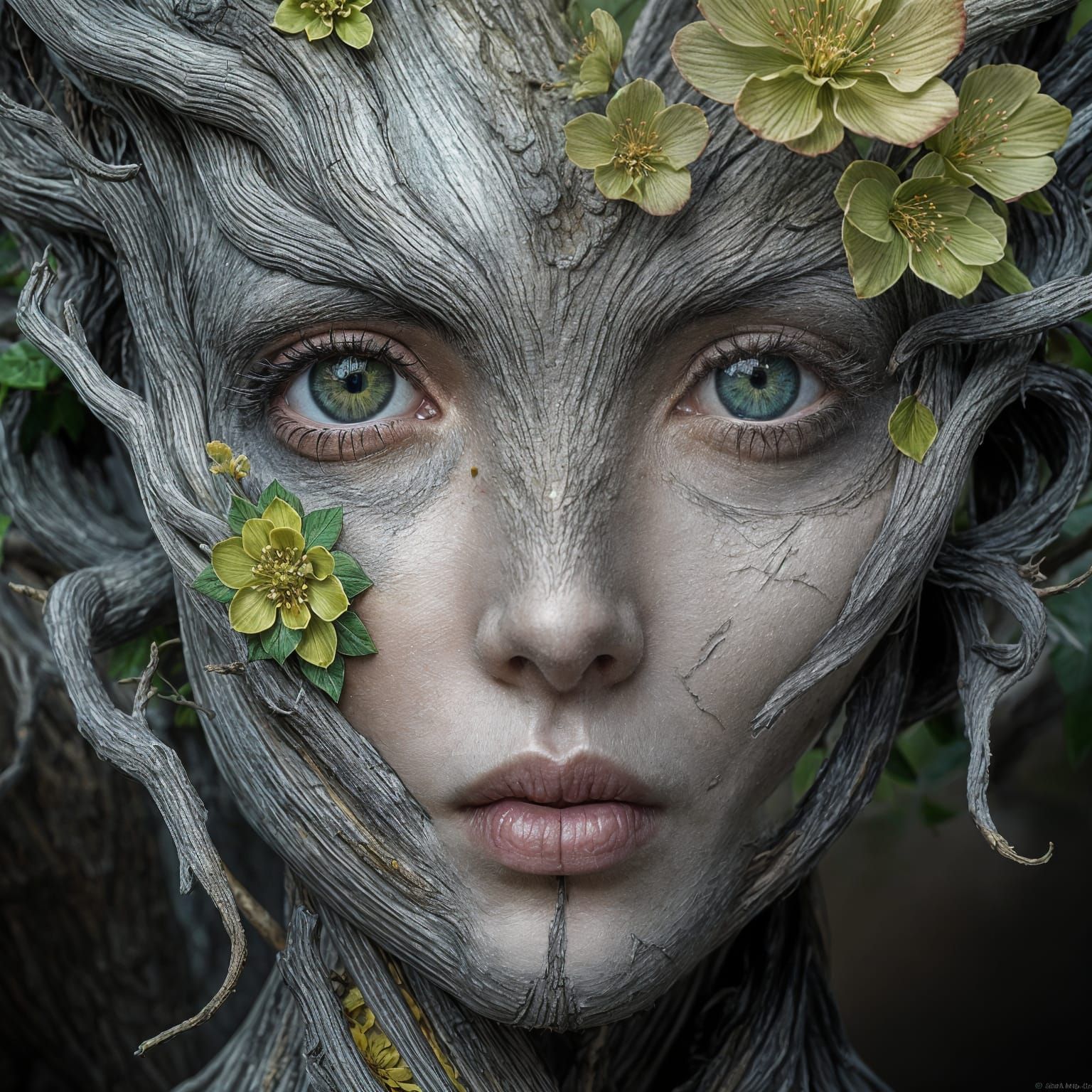 Mother Gia - Tree Goddess with Multicolored Eyes and Floral ...