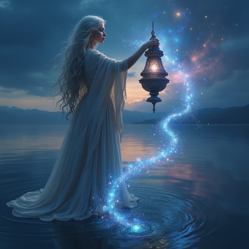Mystical Woman Amidst Celestial Lake in Twilight - AI Art