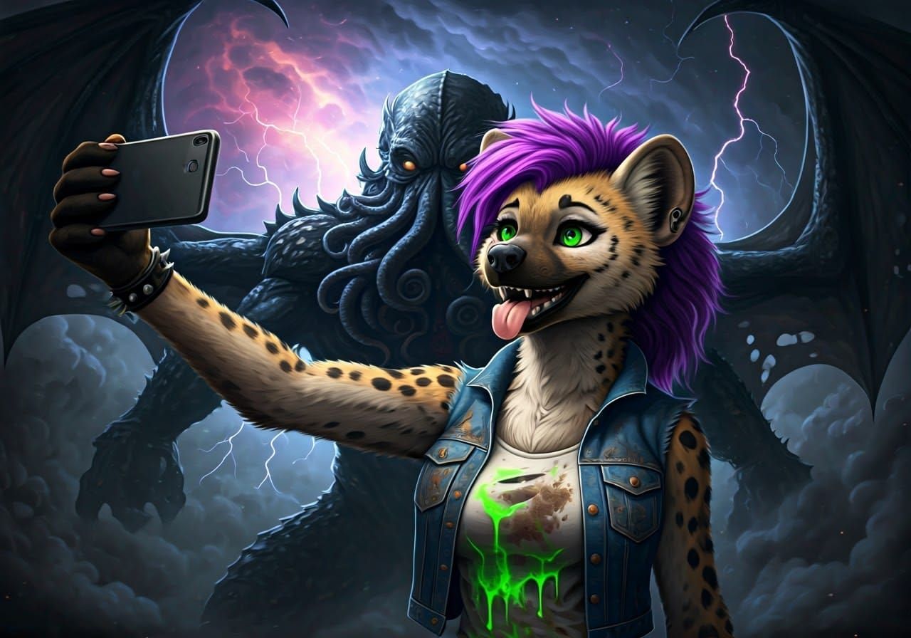 Selfie with a Titan - Mystical Goddess Smirks at Rising Cthu...