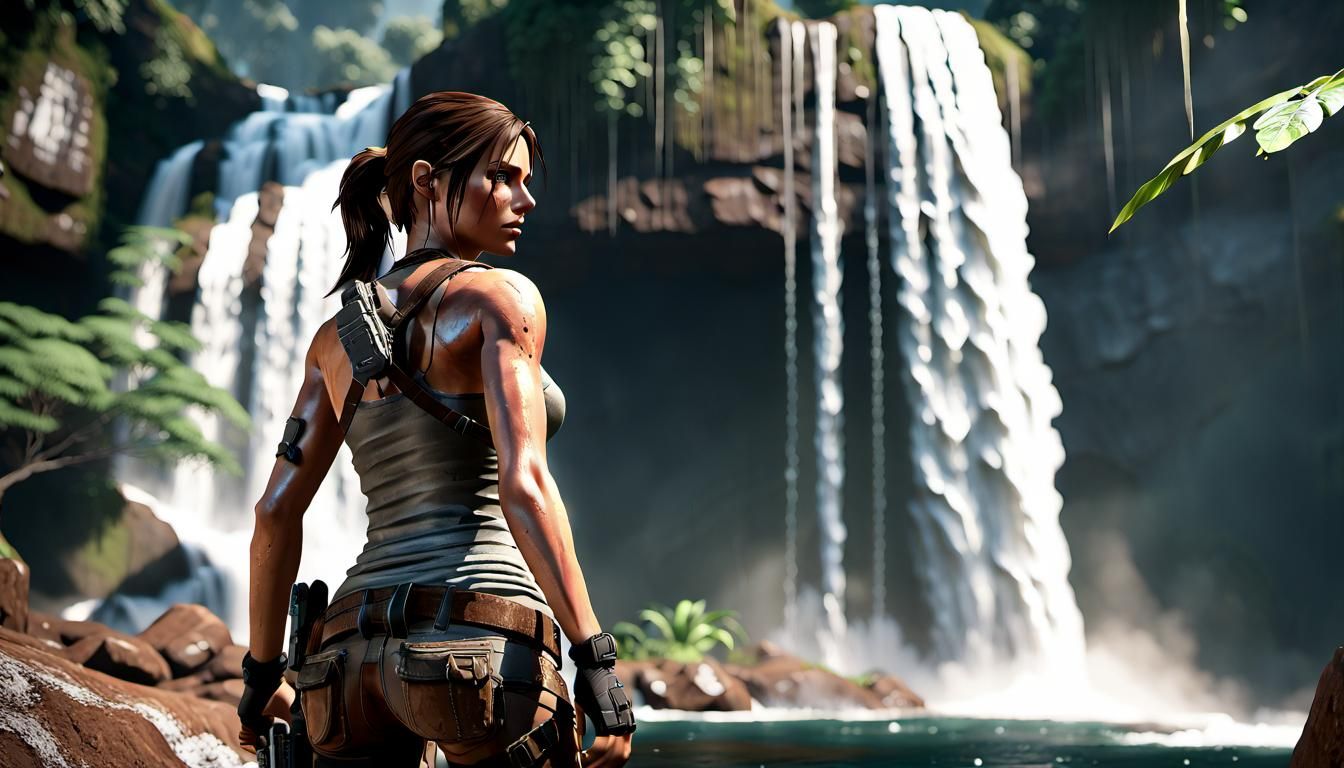 Lara Croft Exploring an Brazilian Waterfall - AI Generated Artwork ...