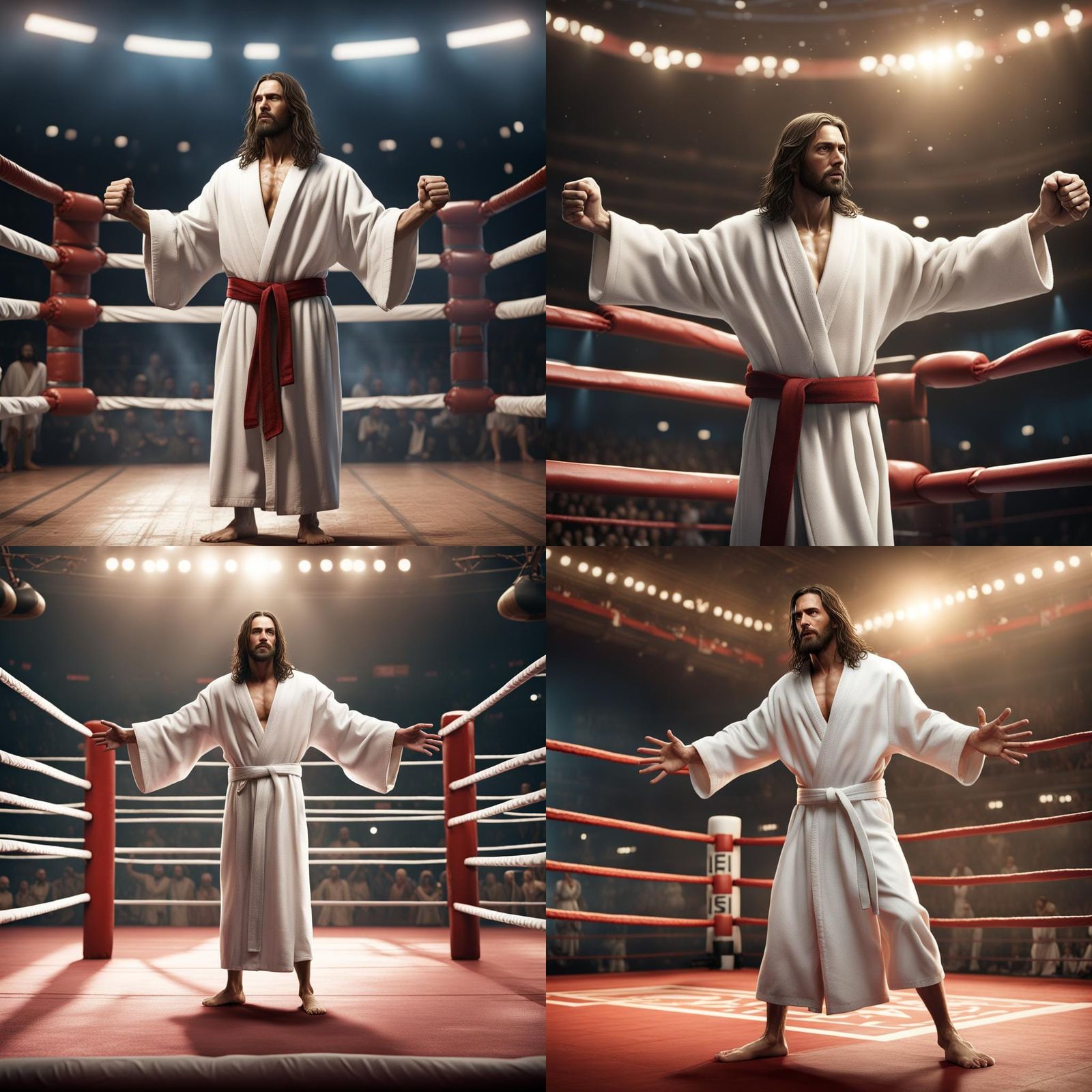 Jesus in white bathrobe in boxing ring. - AI Generated Artwork ...