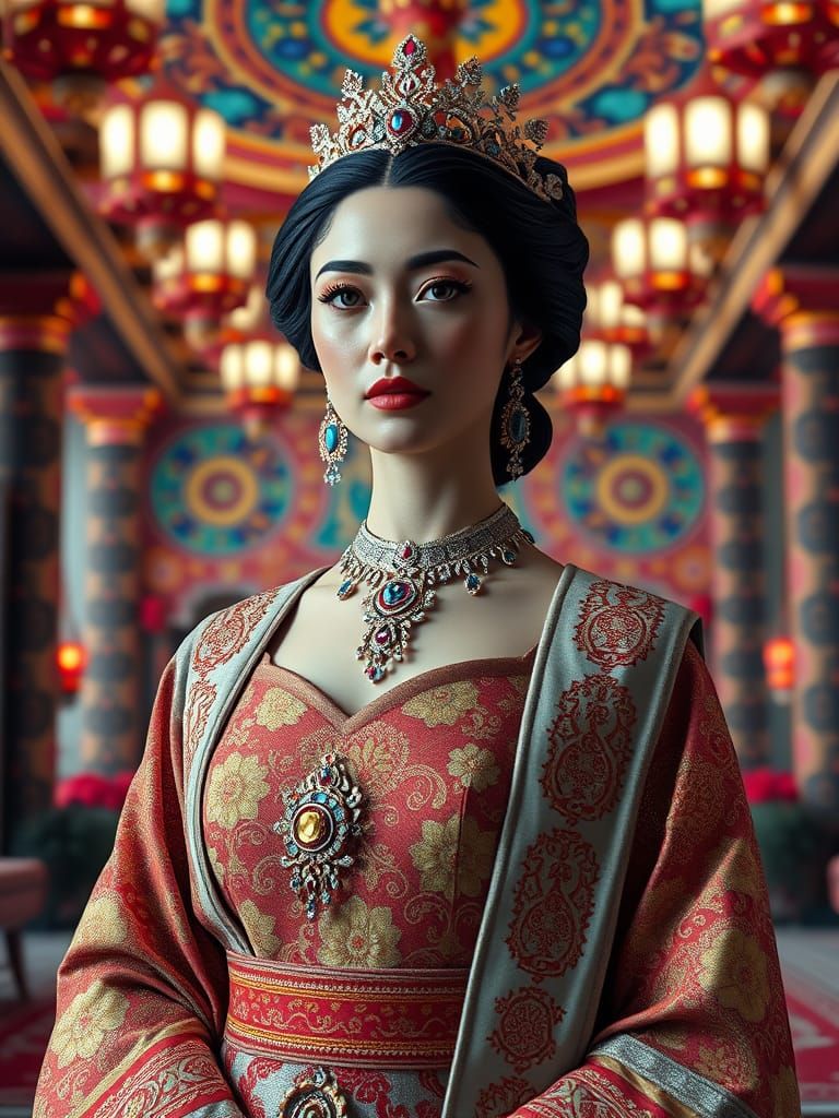 Regal Princess in Vibrant Royal Attire, Grand Hall... - AI Art