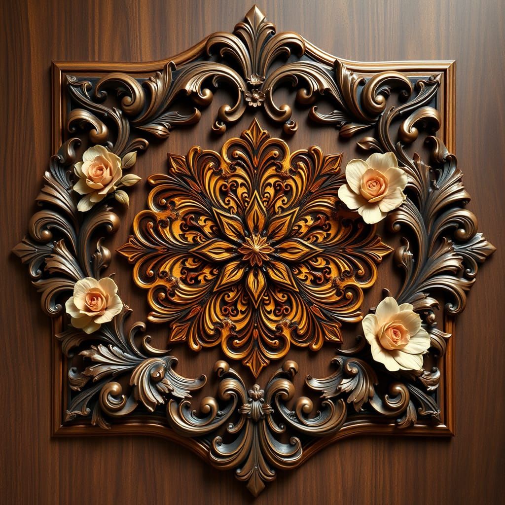 A hyper-realistic wood carving featuring an opulent **2D Rococo-style ...