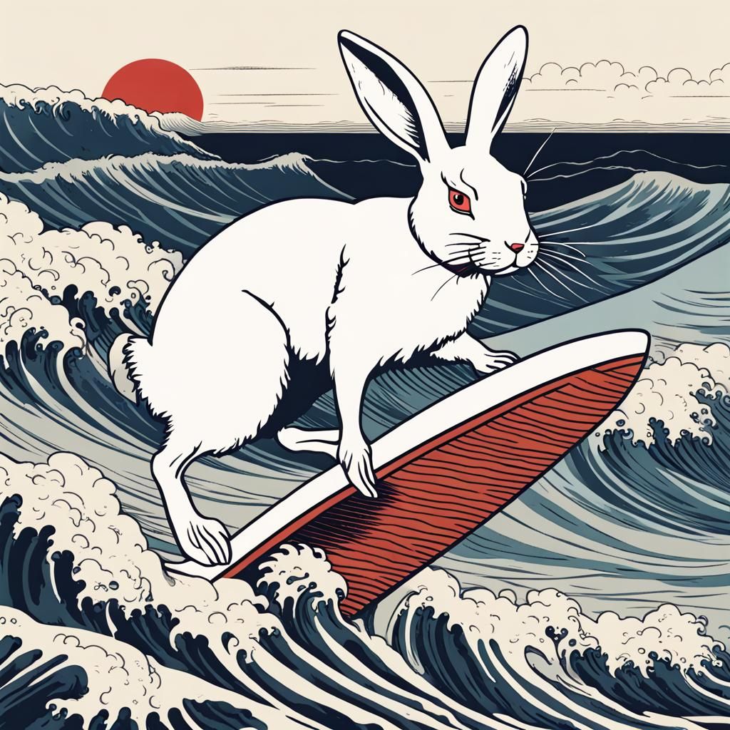 an Ukiyo-e style white rabbit surfing enter from the top right of the ...