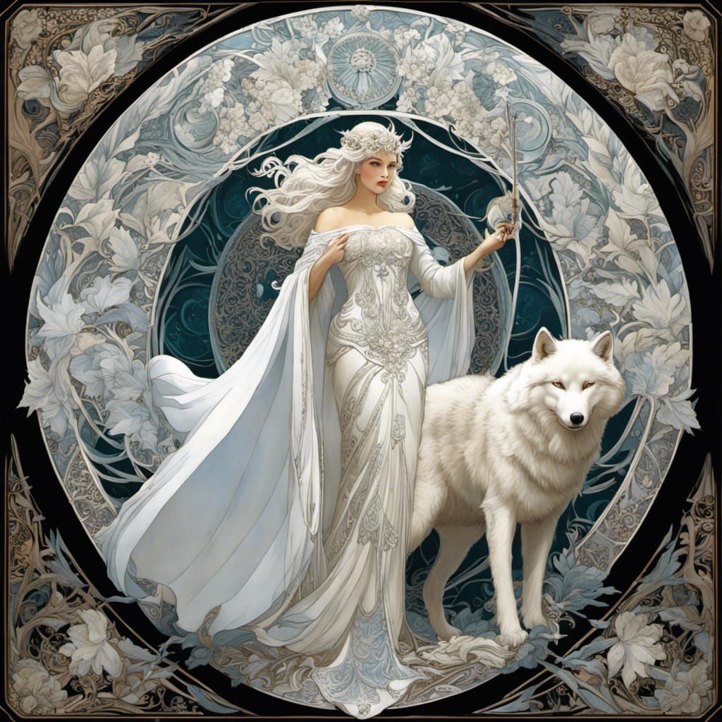 Full figure Insanely beautiful White Winter Queen and a White wolf. Art ...