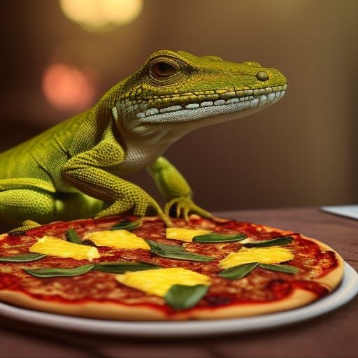 lizard eating pizza with a toping of pineapple - AI Generated Artwork ...