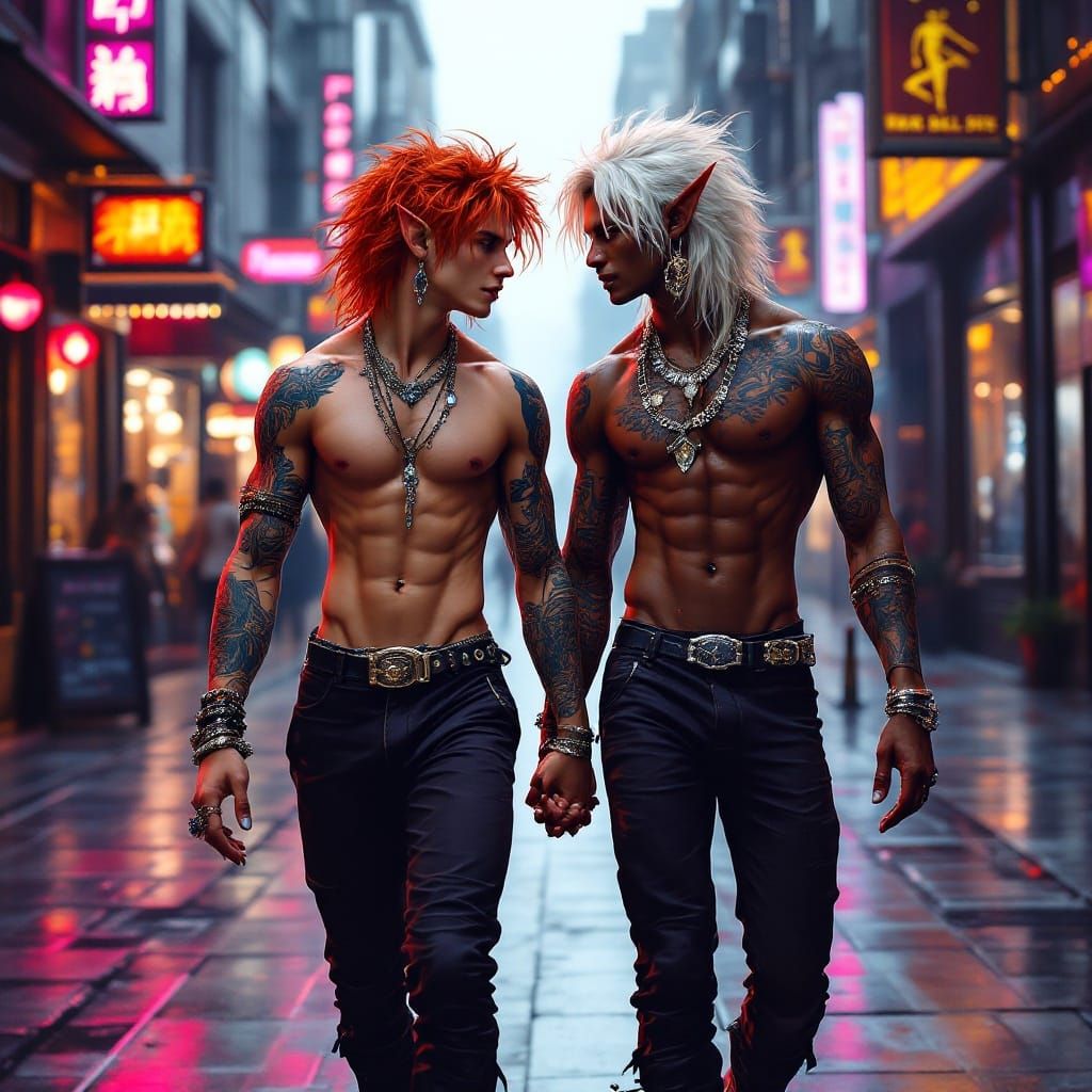 Elf Couple 250211 - Handsome Elf Couple Strolls Through a Bu...