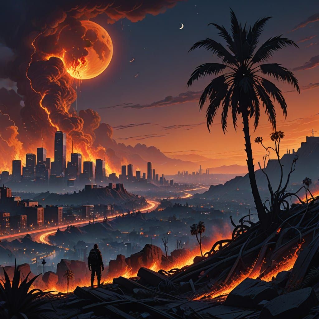 Cyberpunk Apocalypse: Burning Palisades and the Ci... - AI Art