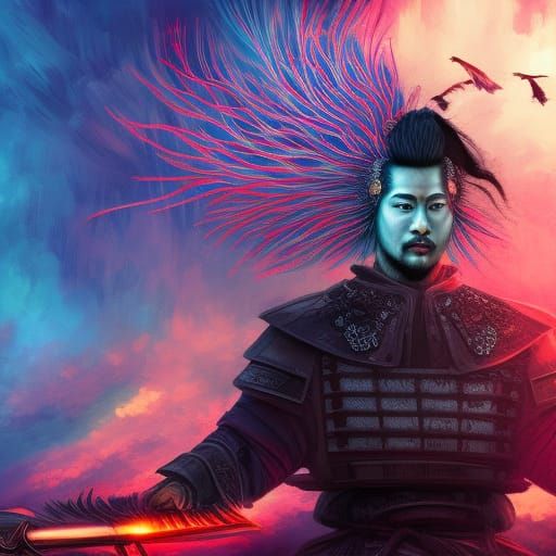 A head and shoulders portrait, Japanese samurai warrior and peacock ...