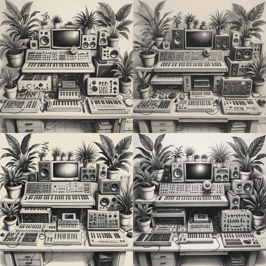 draw of a desk full of synth - Moody Synth Studio in Ink D...