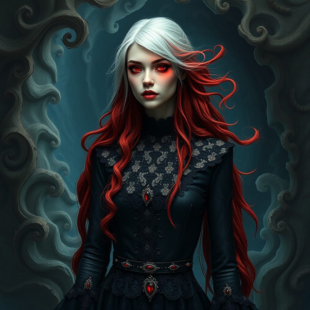 A statuesque, white-haired gothic woman, draped in a dark, lace-trimmed ...