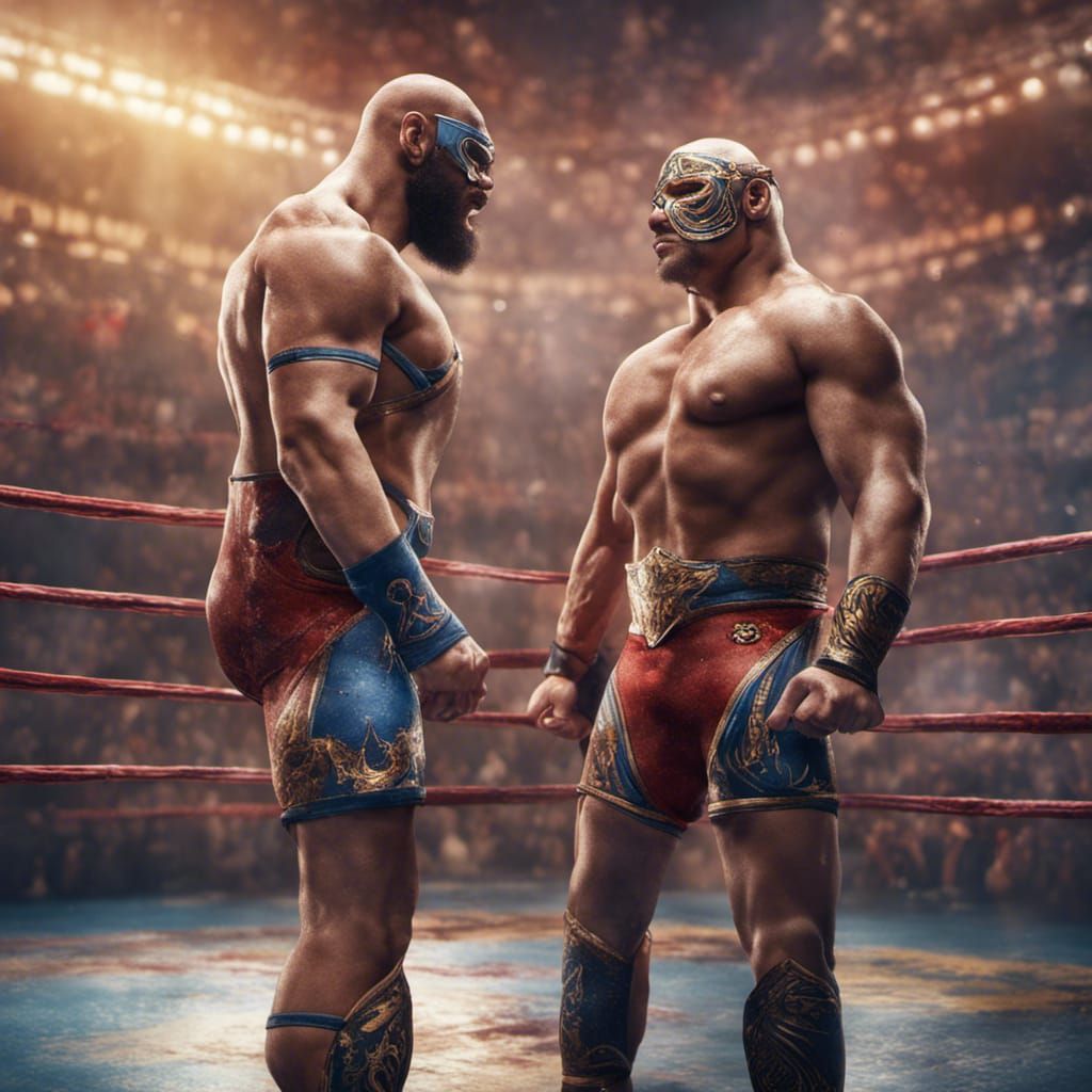 Poster of a Wrestling event with a close up on 2 wrestler facing of ...