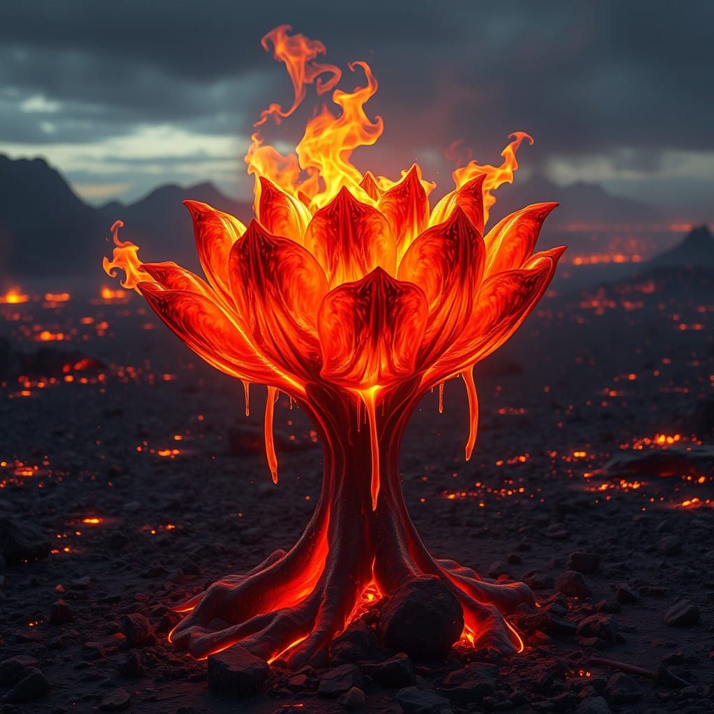 Majestic, Fiery Bloom Rises from Scorched Earth in... - AI Art