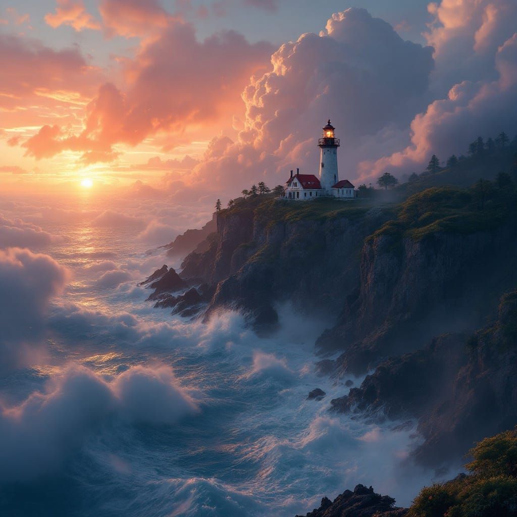 Lighthouse on a bluff above a wild sea at sunset