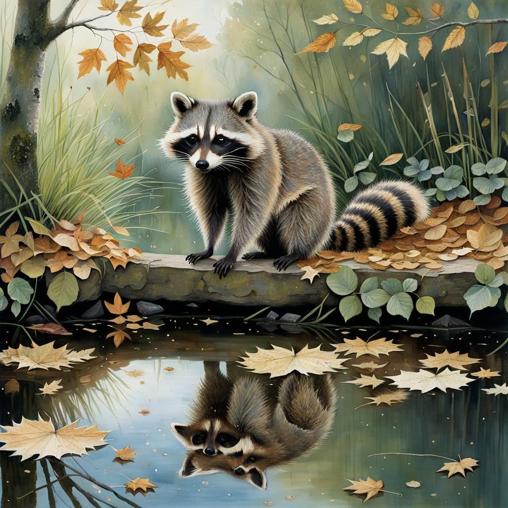 "A mischievous raccoon playing with fallen leaves by the edge of a pond ...