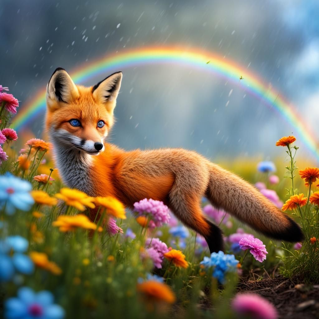 imagine a field of colorful flowers and a cute adorable baby fox with ...