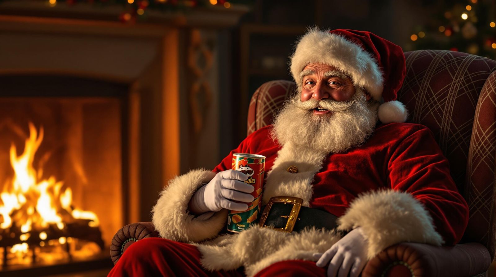 Kris Pringle - Jovial Santa Claus in a Cozy Living Room