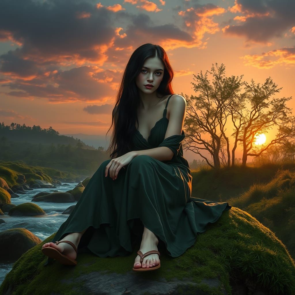Ethereal Lady in Dark Green Dress, Surrounded by N... - AI Art