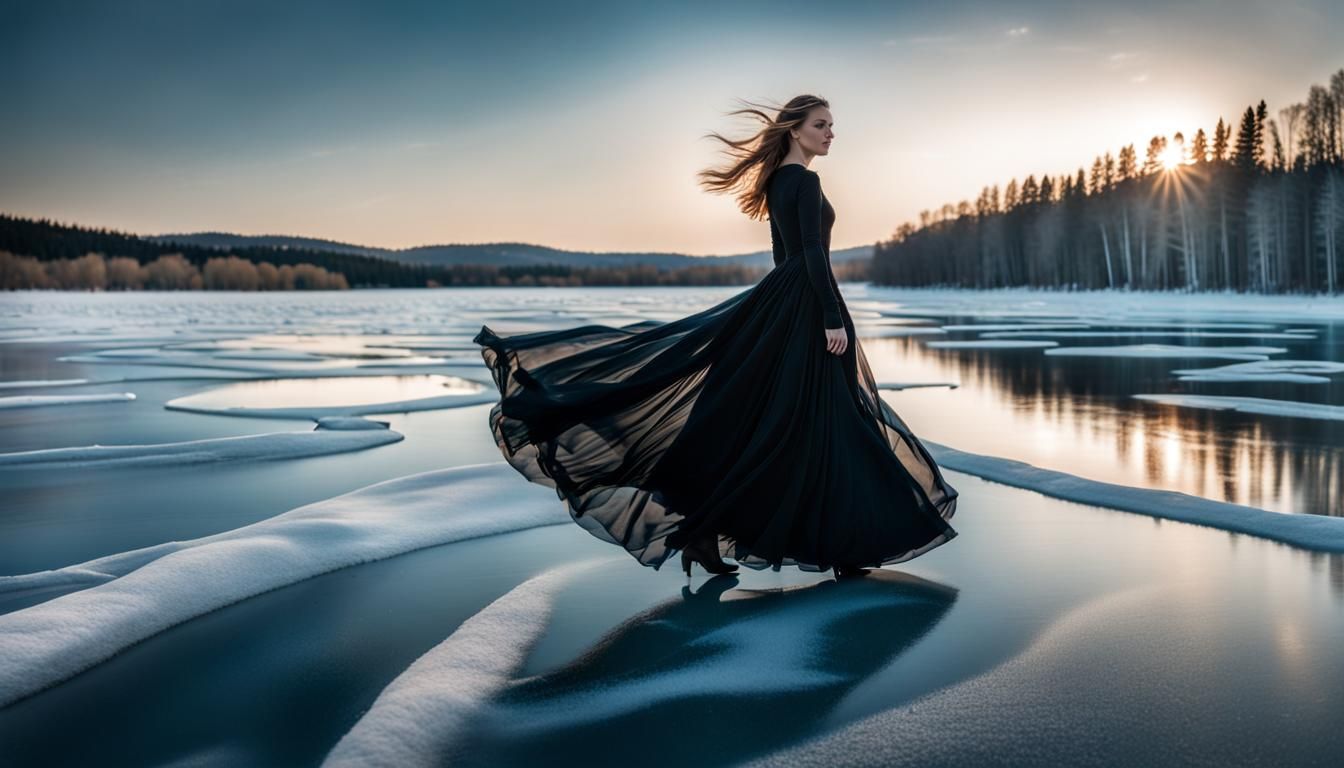 a full body model with a long black dress walking over a iced lake with ...