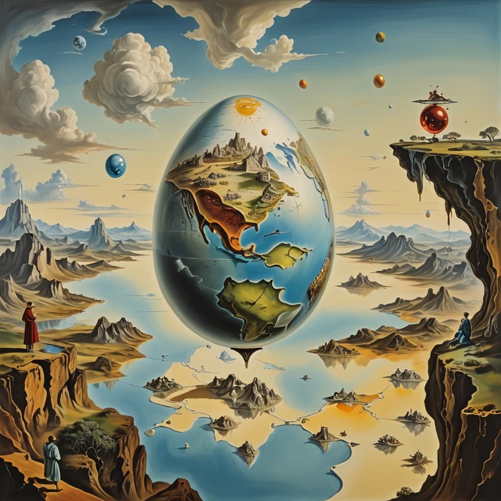 One egg with the map of the world, floating in the sky, with men and ...