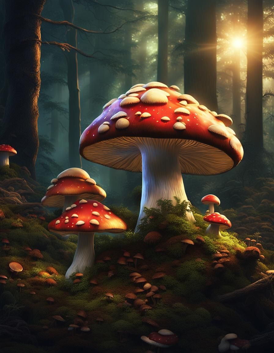 In a forest, there is a mushroom-shaped adornment illuminated by vivid solar lights and adorned ...