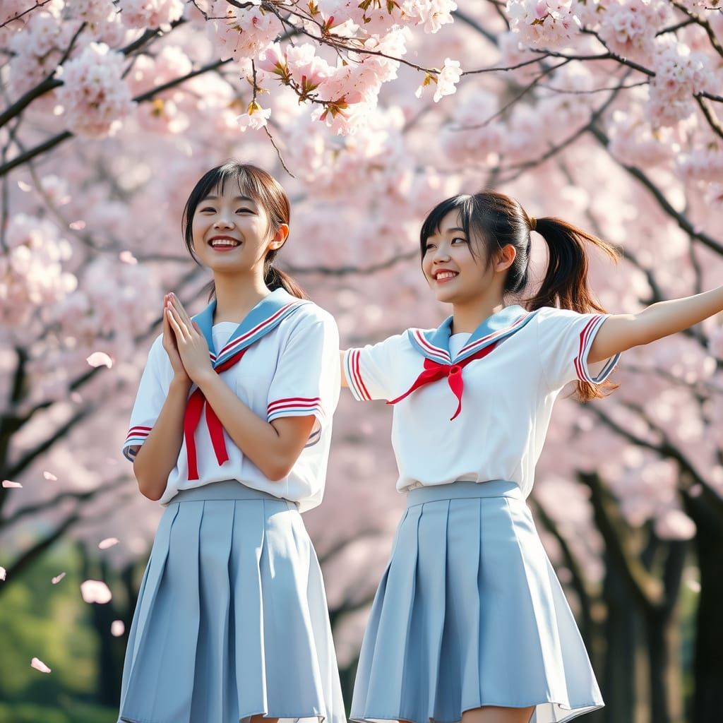 Two Girls Under the Spring Sky - Vibrant Spring Girls in Che...
