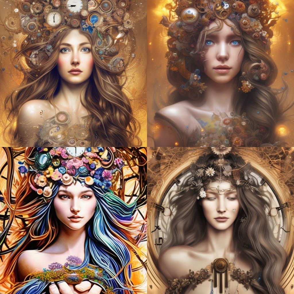 Goddess of Time, wearing a floral liquid crown made of clocks and a ...