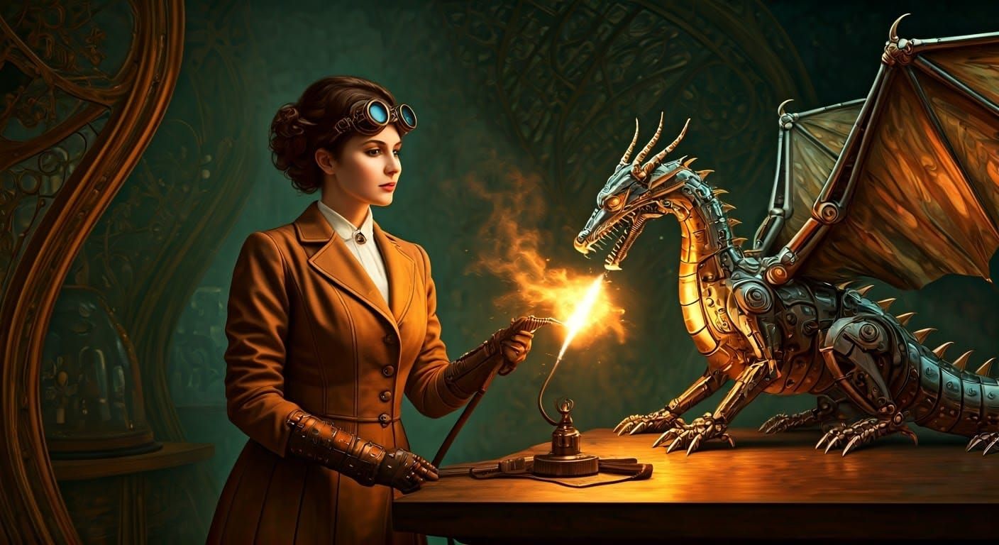 Steampunk Inventor Crafts Robotic Dragon in Elegan... - AI Art