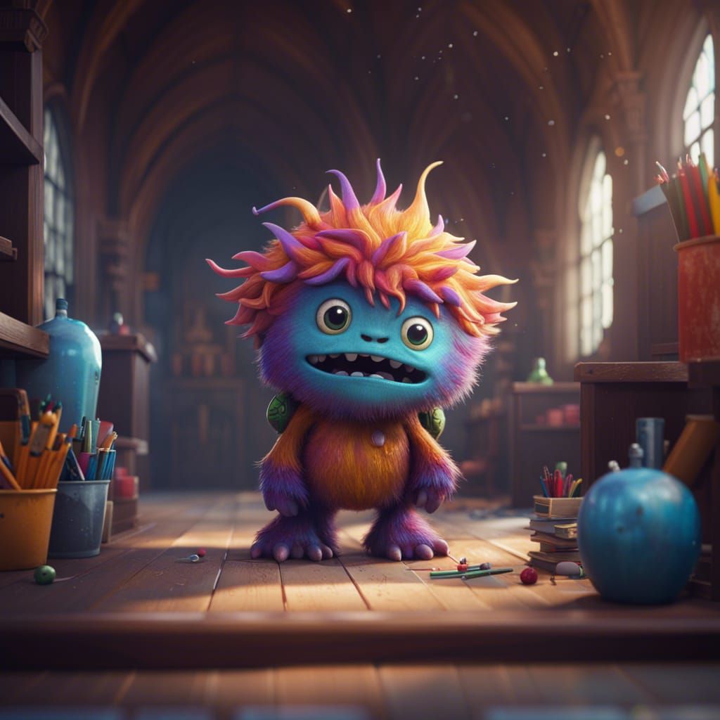 a cute little Monster has his first day at school - AI Generated ...